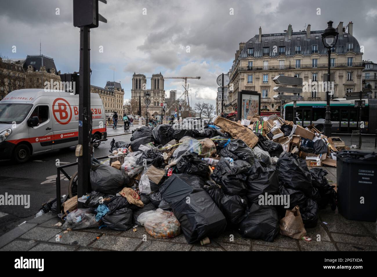 Paris, France. 24th Mar, 2023. Illustration and view of the garbage ...
