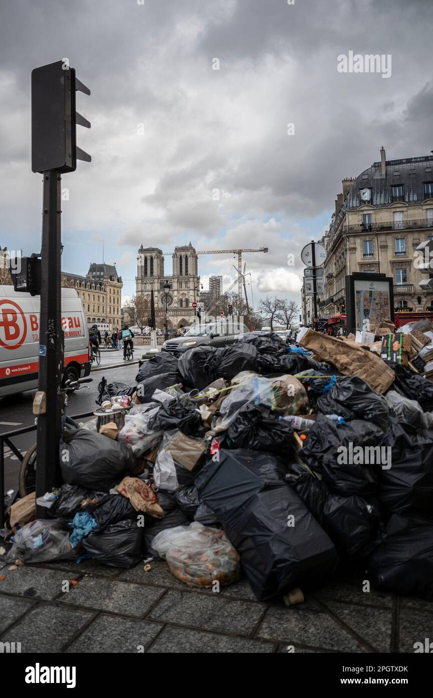 Paris, France. 24th Mar, 2023. Illustration and view of the garbage ...