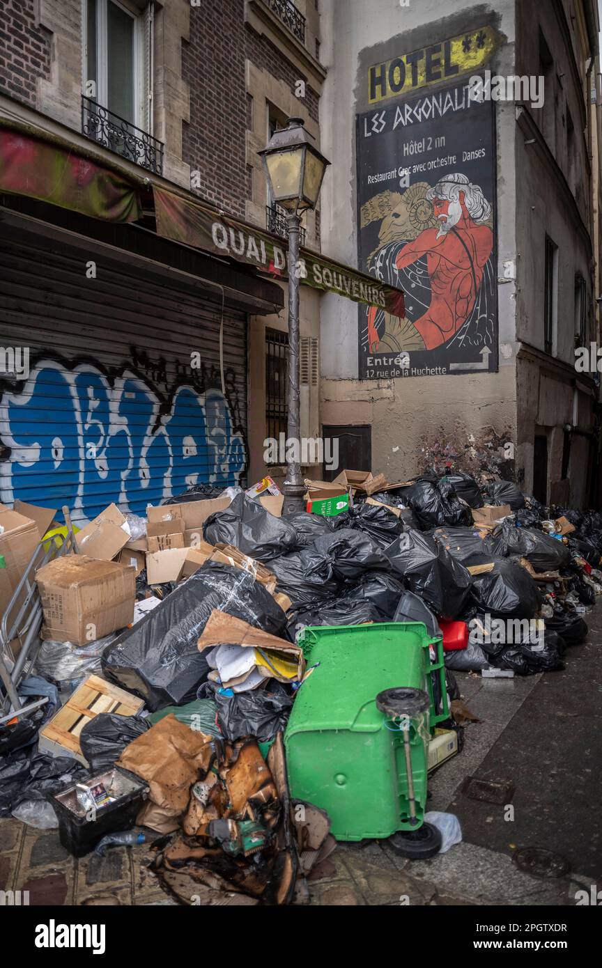 Paris, France. 24th Mar, 2023. Illustration and view of the garbage ...