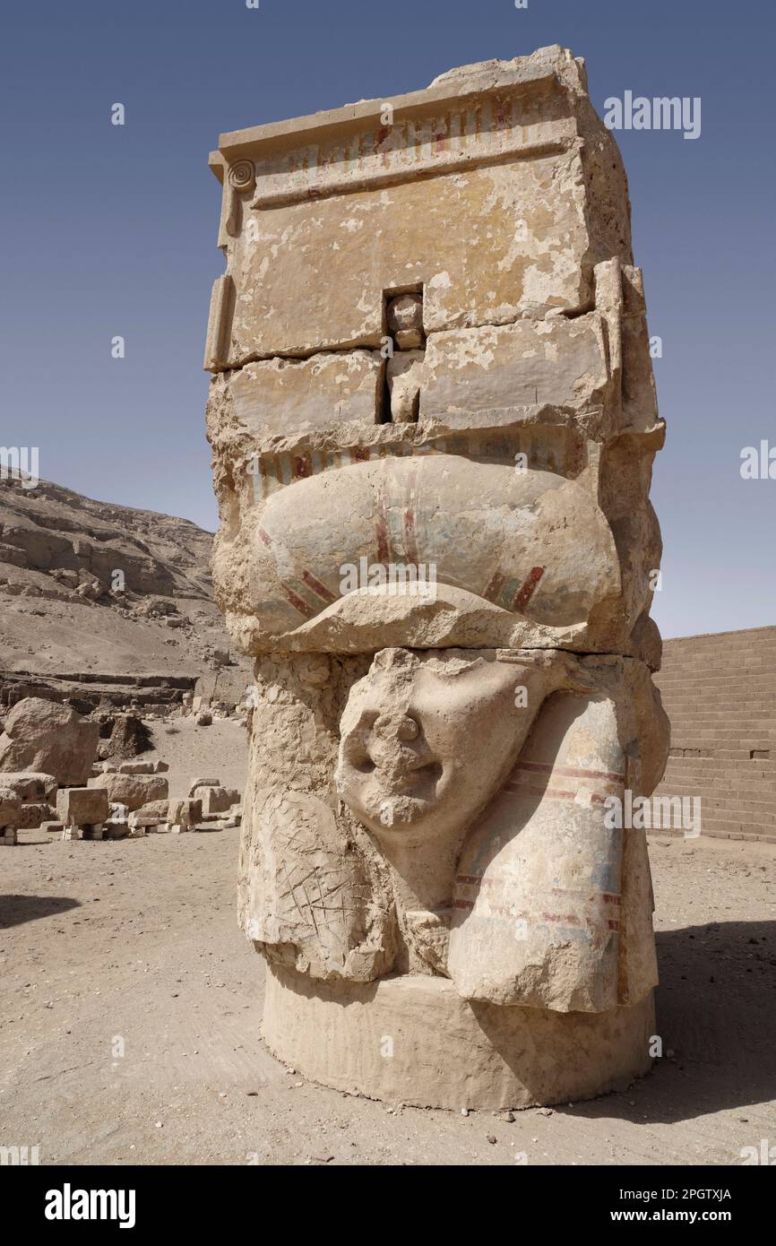 Close up of Hathor head column capital in the Ptolemaic Temple at ...