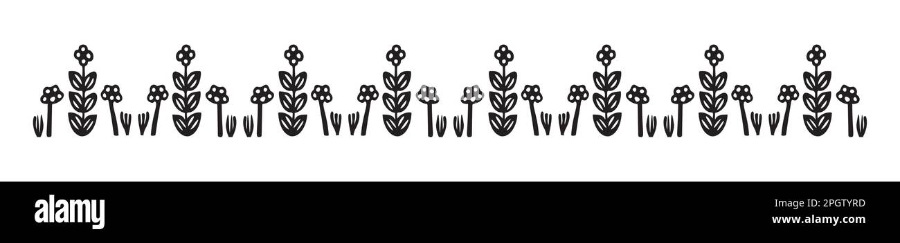 Border of botanical leaf sprigs in vector low brow style. Block print ...