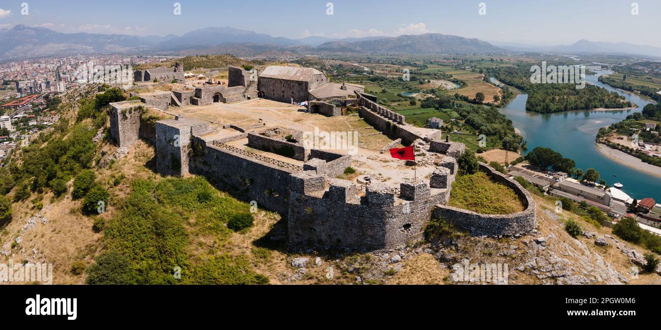An aerial view of the ruins of the Rozafa Castle located in the city of ...