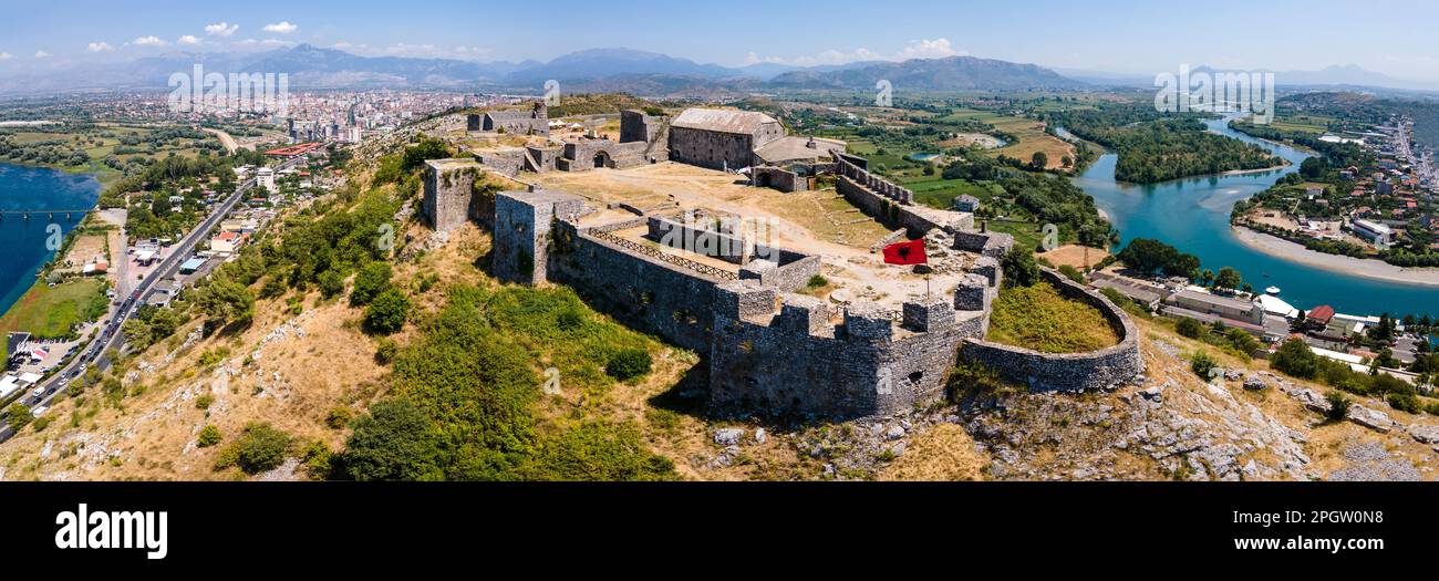 An aerial view of the ruins of the Rozafa Castle located in the city of ...