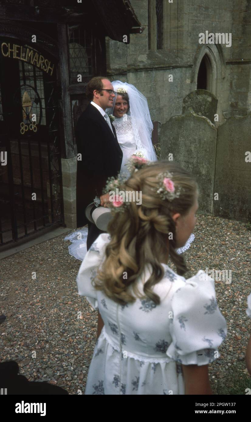 Bride and Groom at an English Summer Wedding c1975, at St Peter's ...