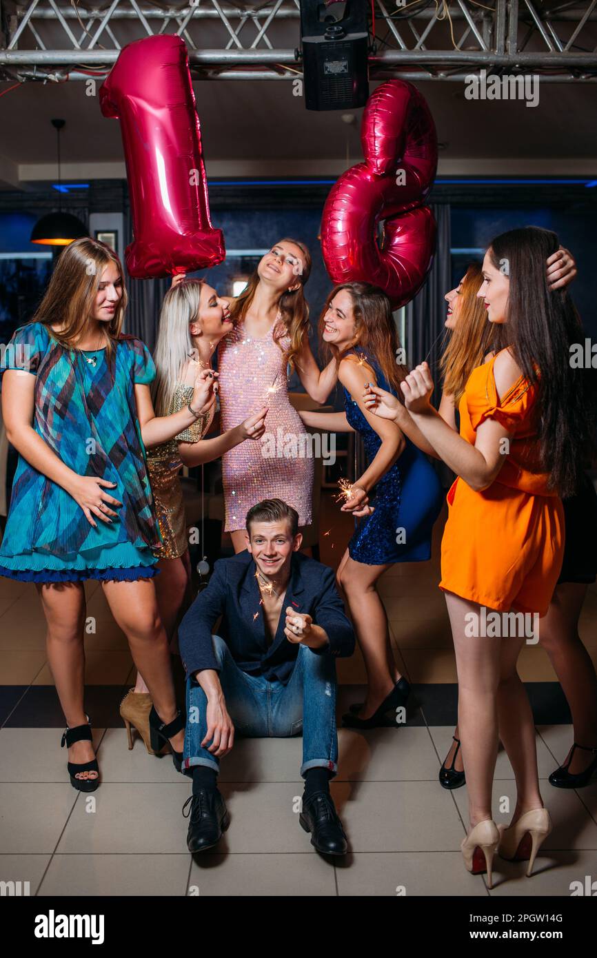 Female birthday with friends. Happy 18th Stock Photo - Alamy