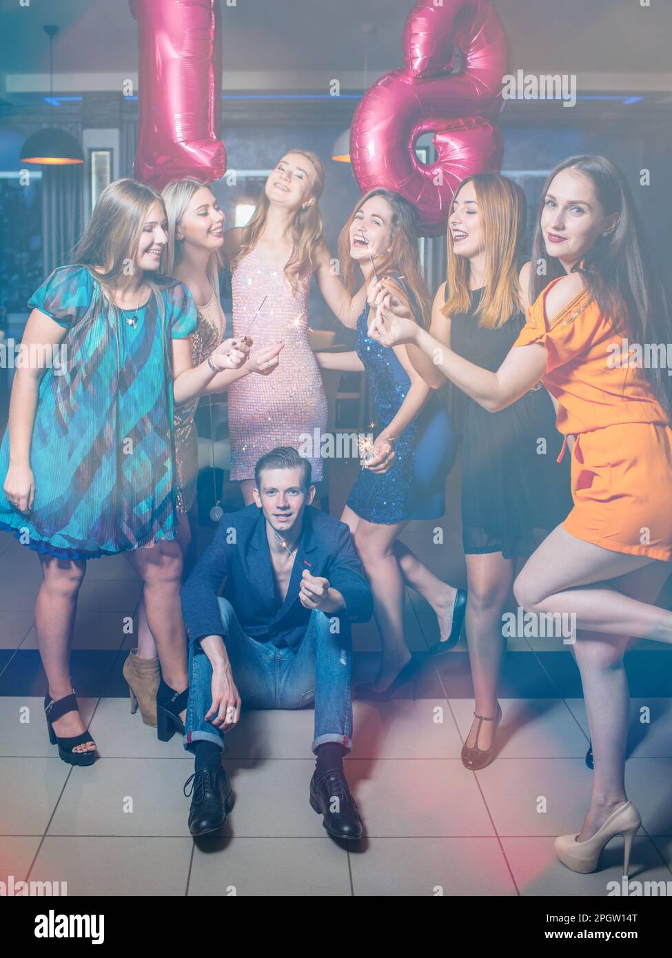 Birthday with friends. Happy 18th in club Stock Photo - Alamy