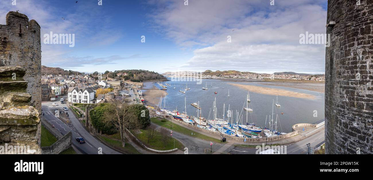 Panoramic view over Conwy estuary from Conway castle on the North Wales ...