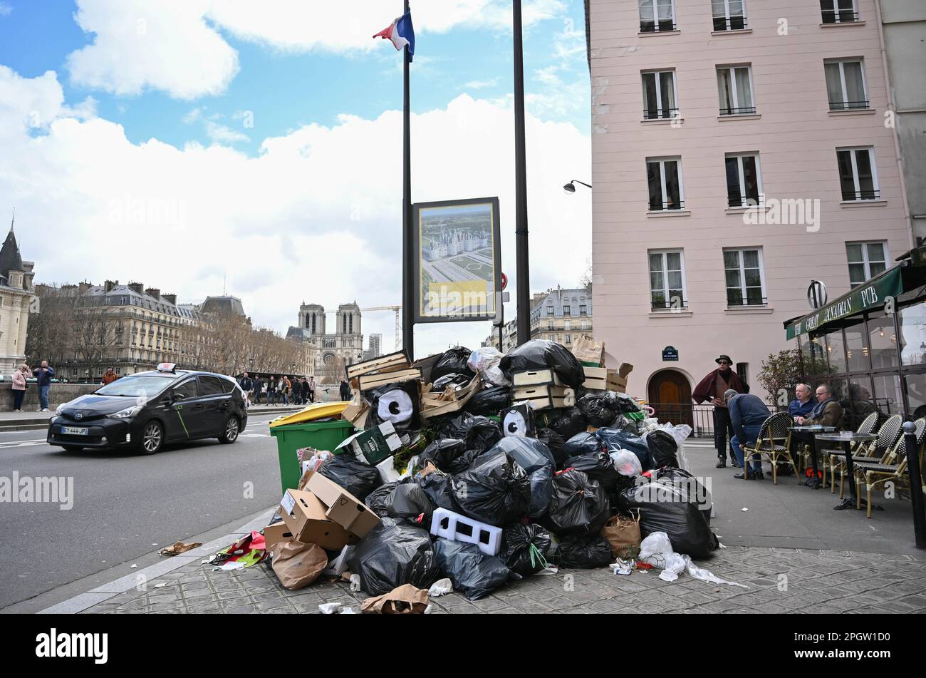 Paris, France. 24th Mar, 2023. Illustration and view of the garbage ...