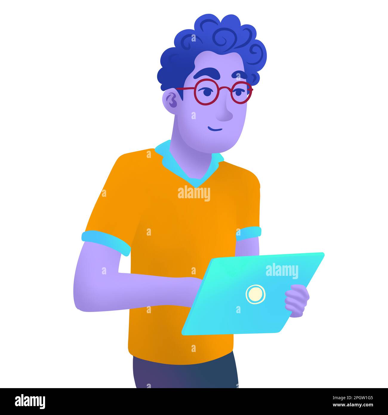 Illustration of a young man holding a touch pad design character Stock ...