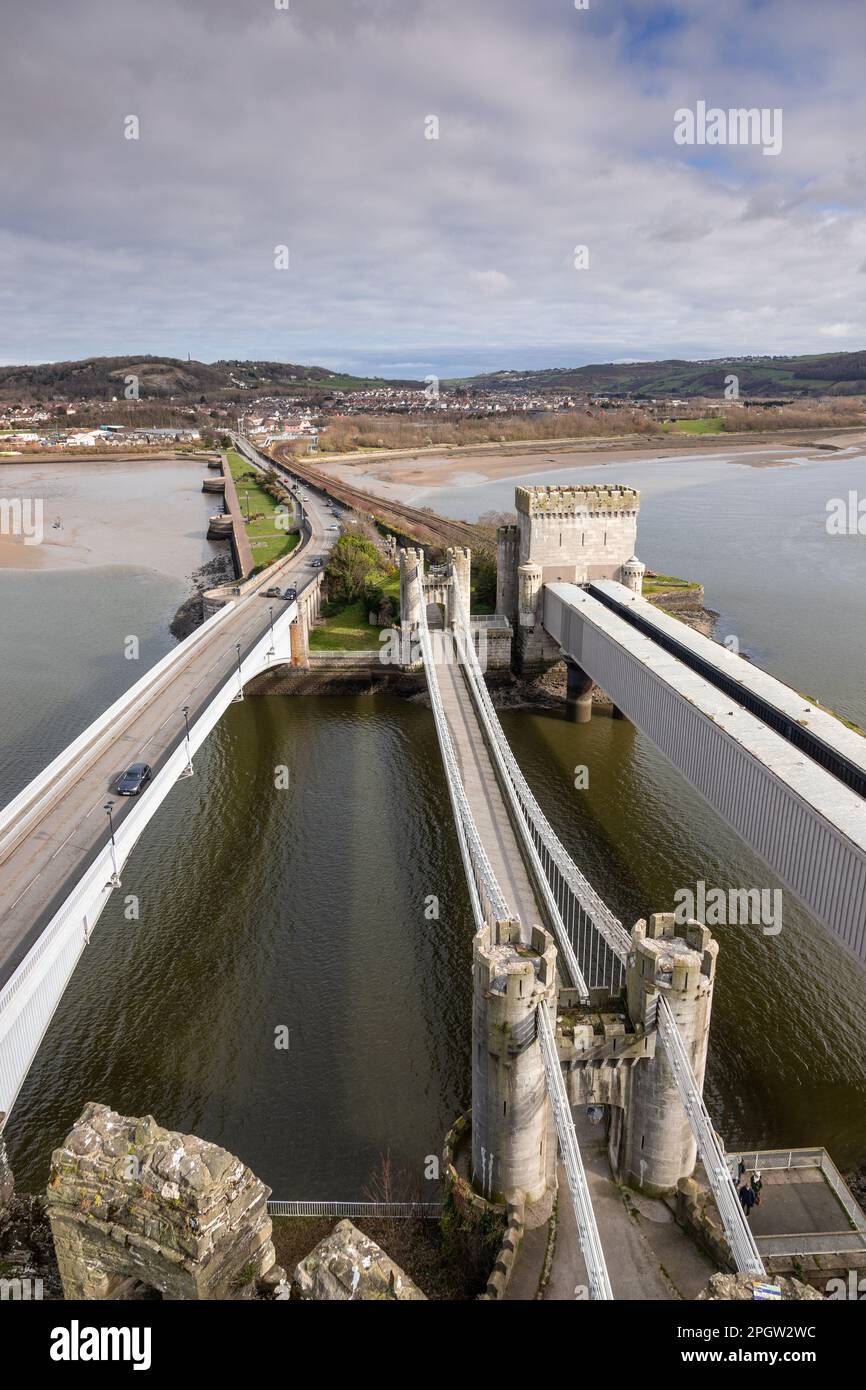 Road, rail and suspension bridges over the river Conwy, Conway, North ...