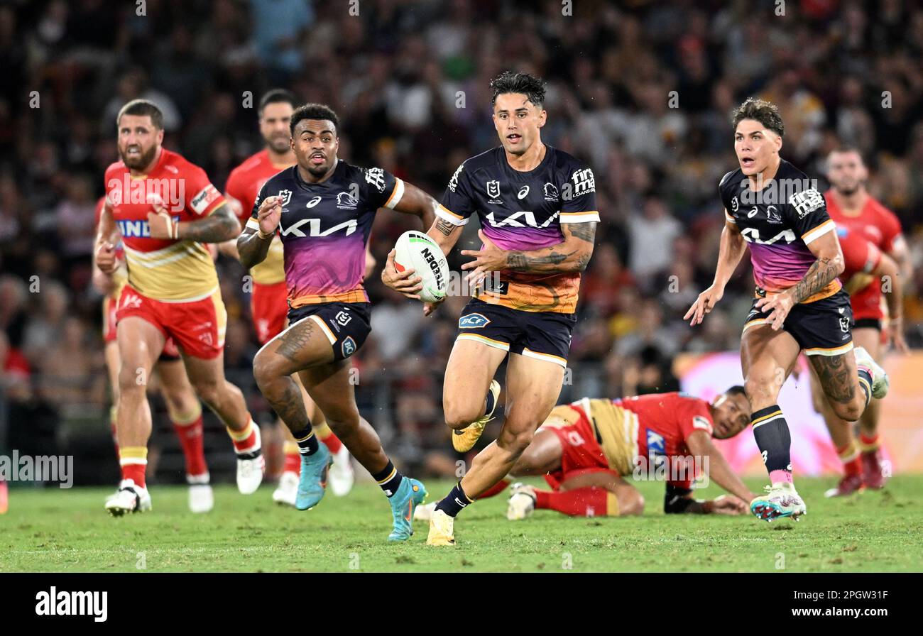 Jesse Arthars (centre) of the Broncos in action during the NRL Round 4 ...