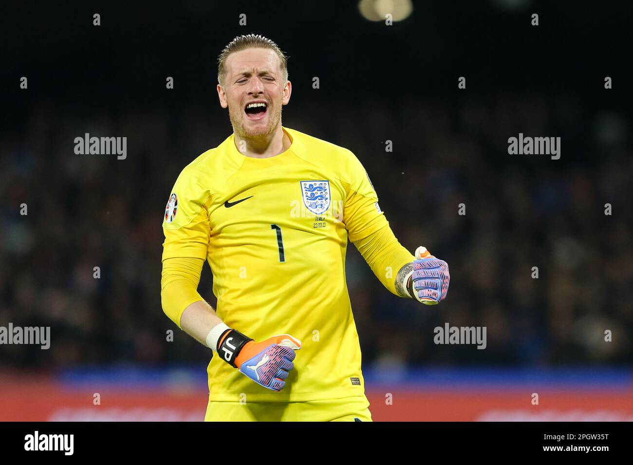 Jordan Pickford celebrates scoring for England Stock Photo - Alamy