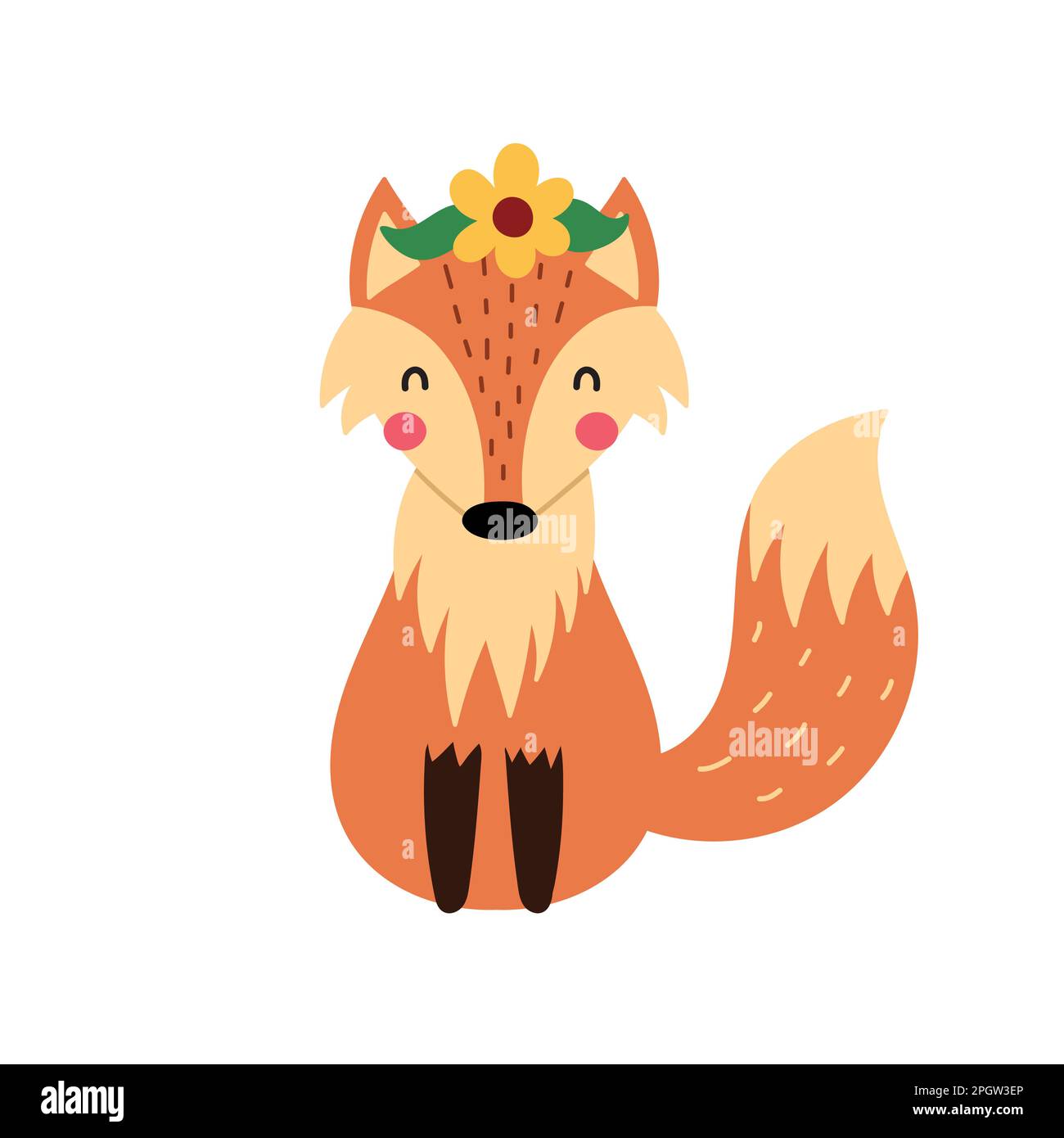 Cute fox with flowers on its head. Funny hand drawn forest character ...
