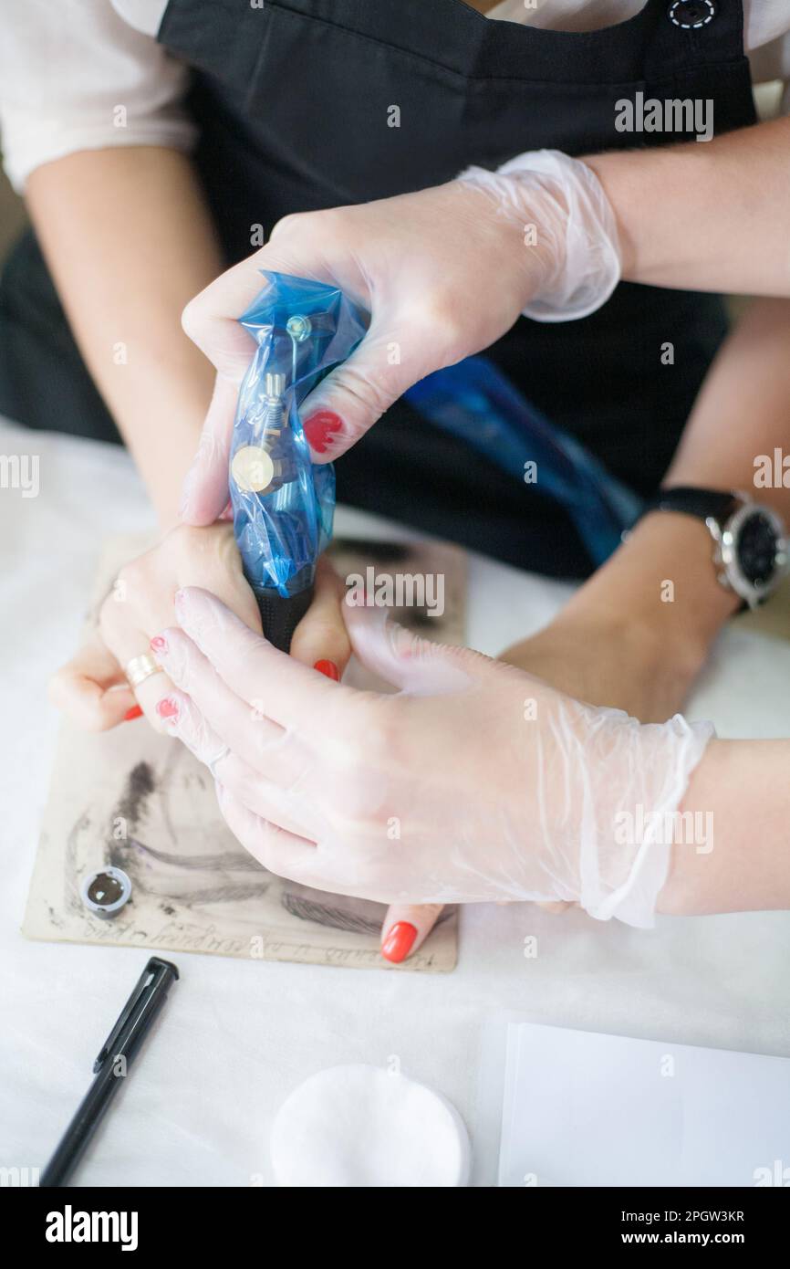 microblading technique tattoo sketching eyebrows Stock Photo - Alamy