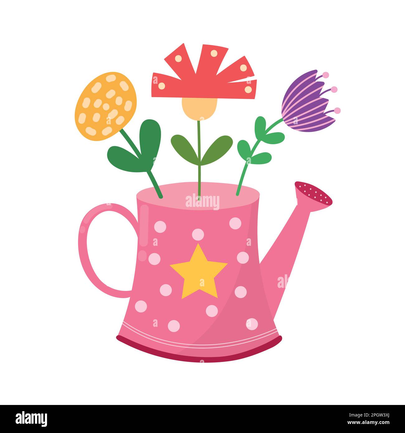 Pink watering can with flowers. Cute hand drawn beautiful flowerpot in ...
