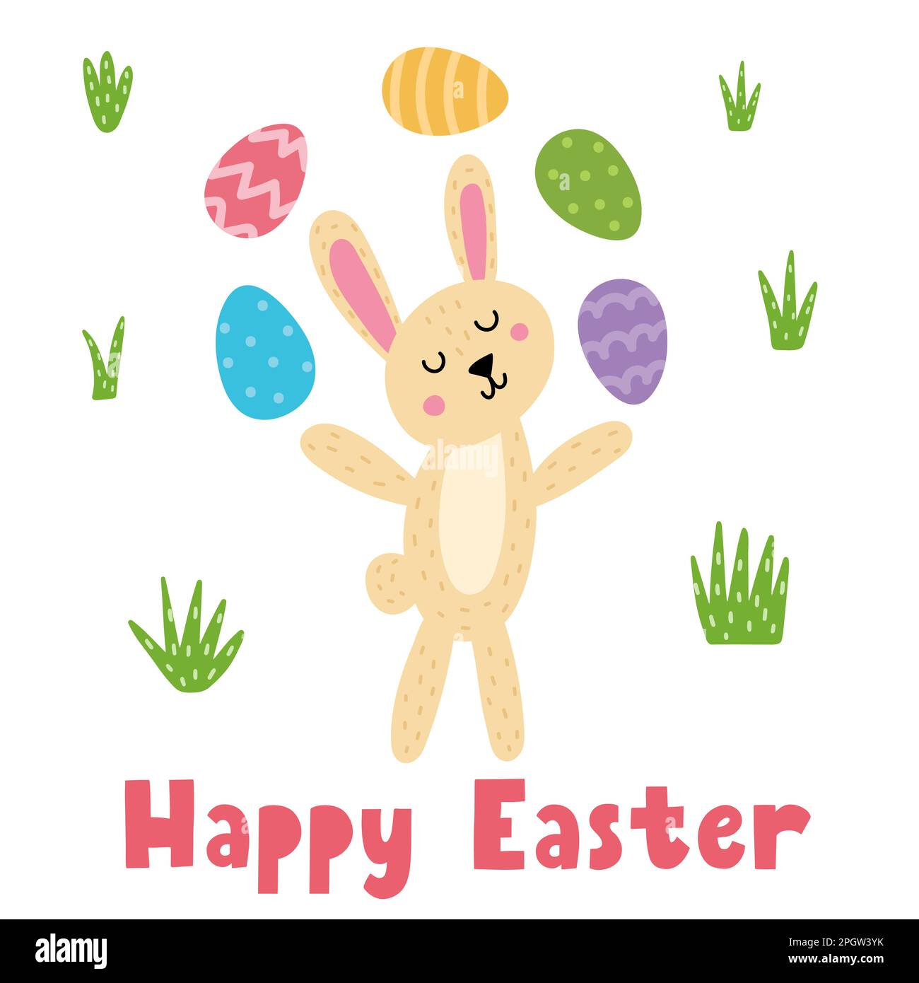 Happy Easter greeting card with a cute bunny juggling eggs. Springtime ...