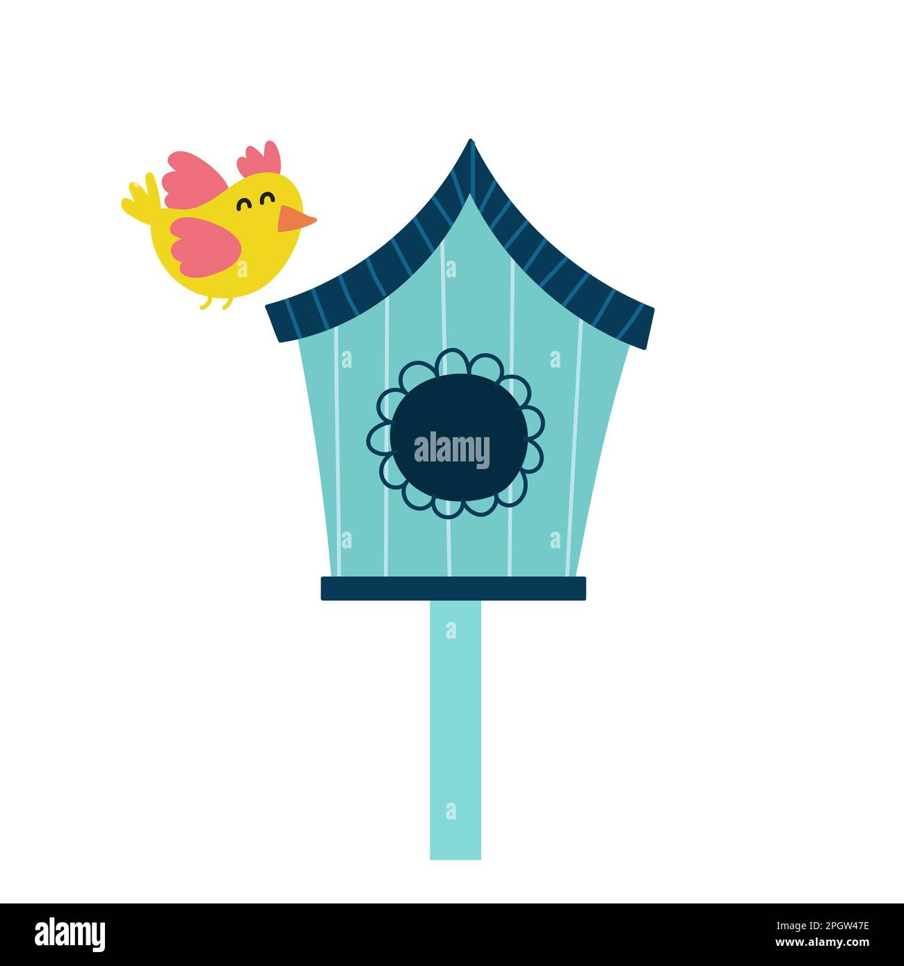Bird house with a cute yellow bird. Nesting box in cartoon style Stock ...