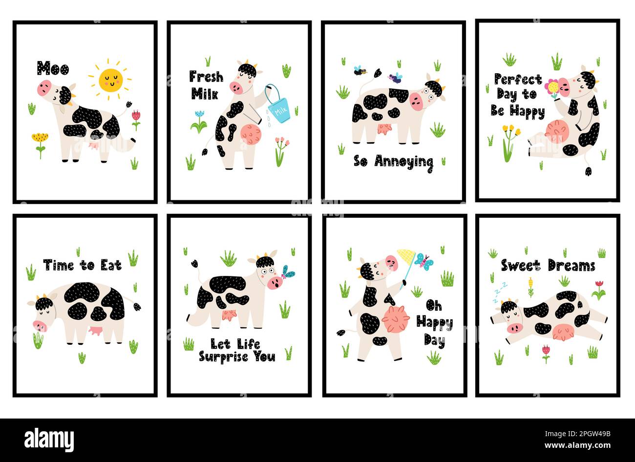 Cute posters set with cows for kids. Funny farm animals prints Stock ...