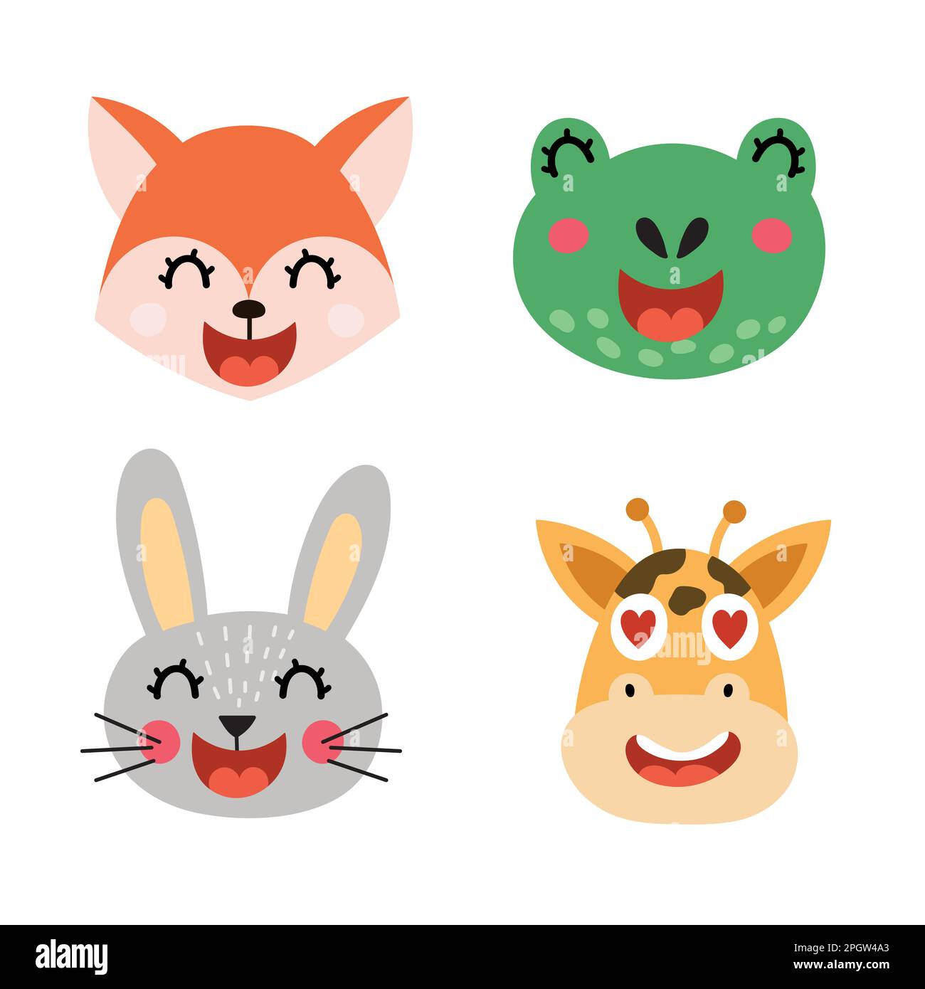 Cute animals faces set. Fox, frog rabbit and giraffe in cartoon style ...