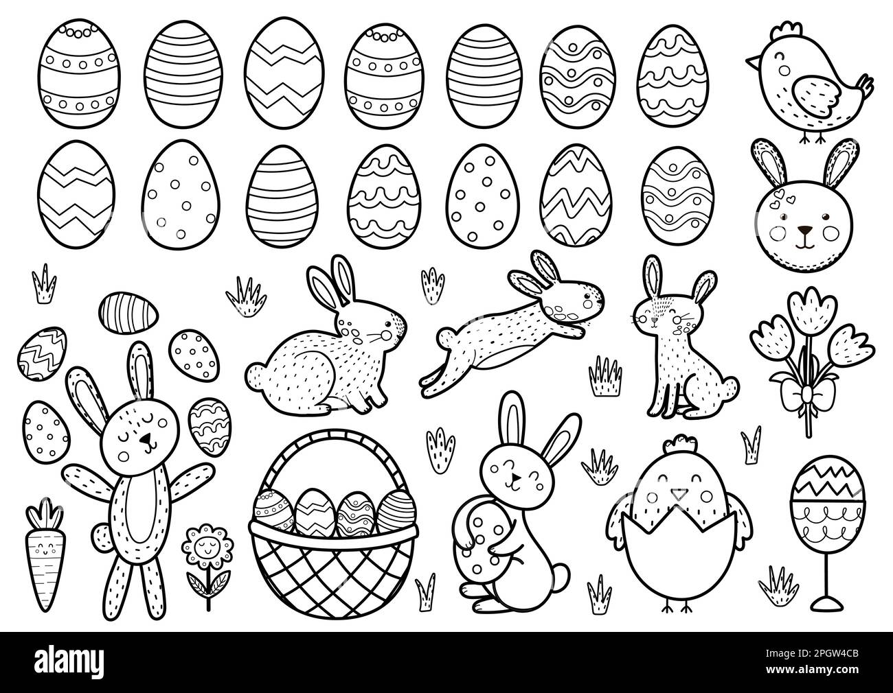 Cute Easter black and white elements collection. Spring funny clipart ...