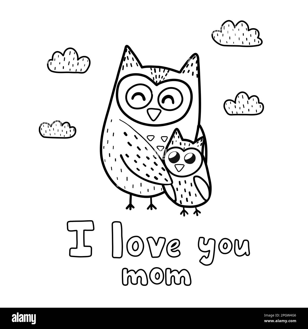 I love you mom coloring page with cute owls mommy and baby Stock Vector ...