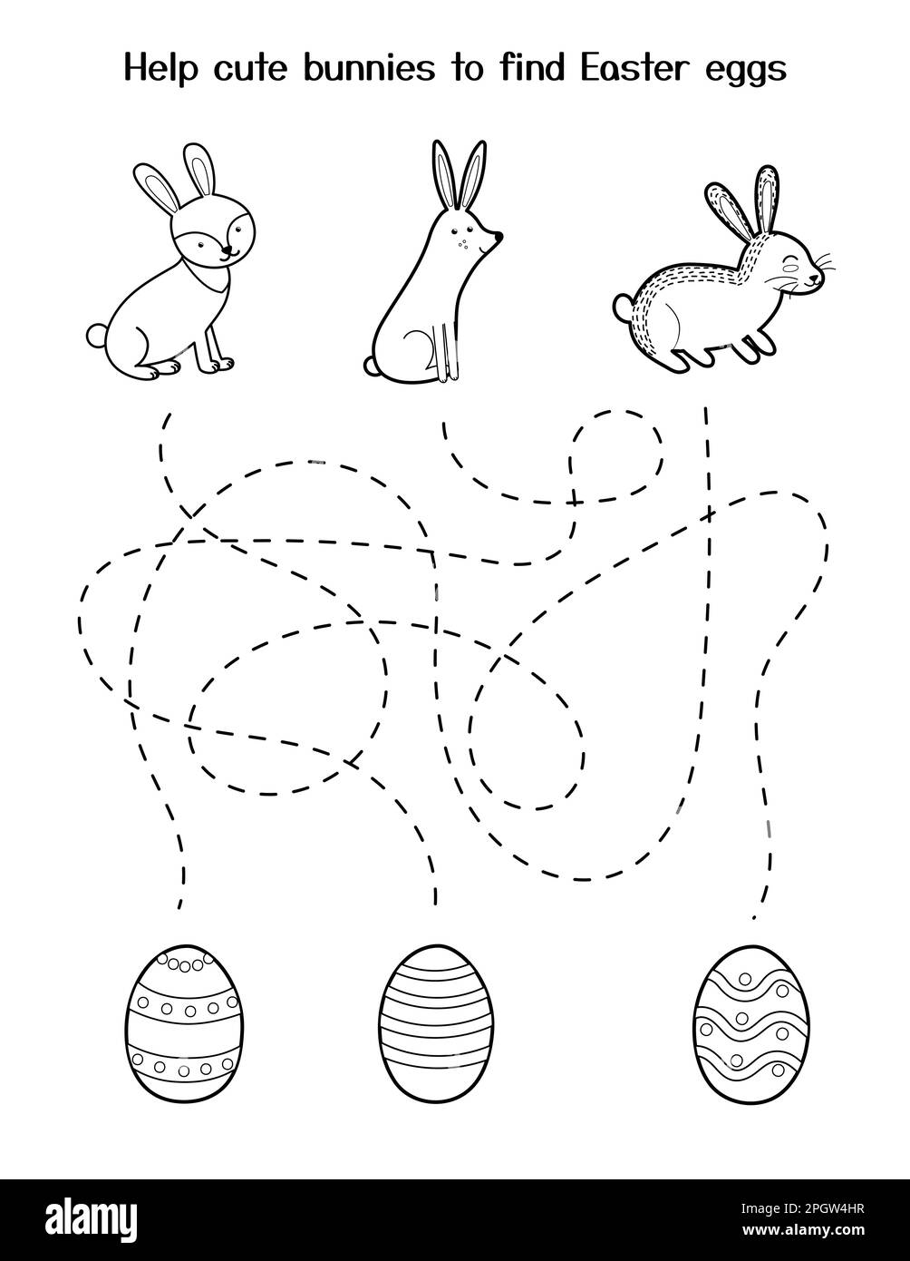 Help cute bunnies to get eggs. Easter maze game for kids. Black and ...