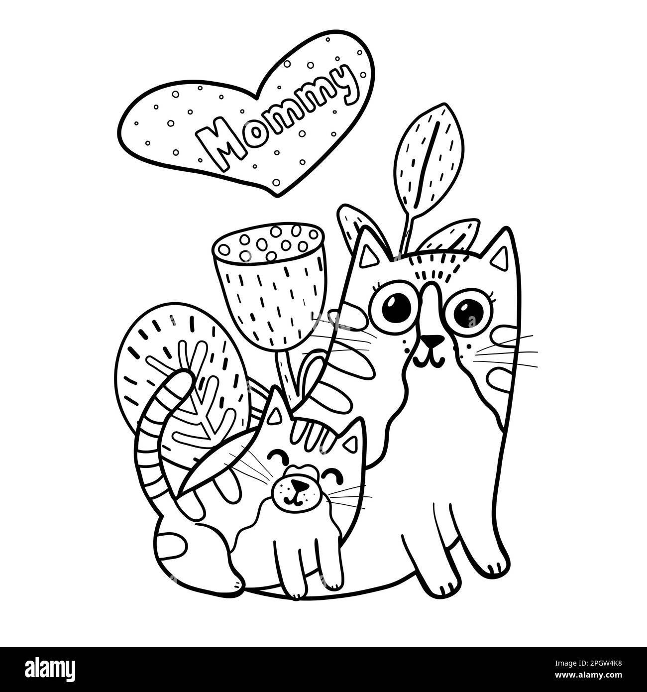 Mommy cat with her baby kitten coloring page. Black and white greeting ...