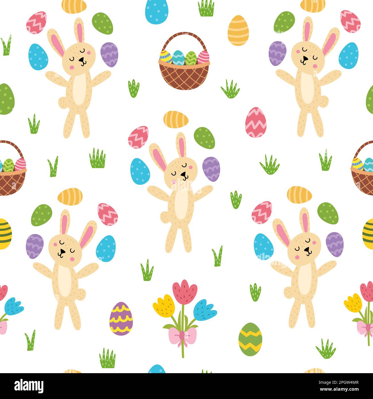 Easter bunny juggling eggs seamless pattern. Cute springtime background ...