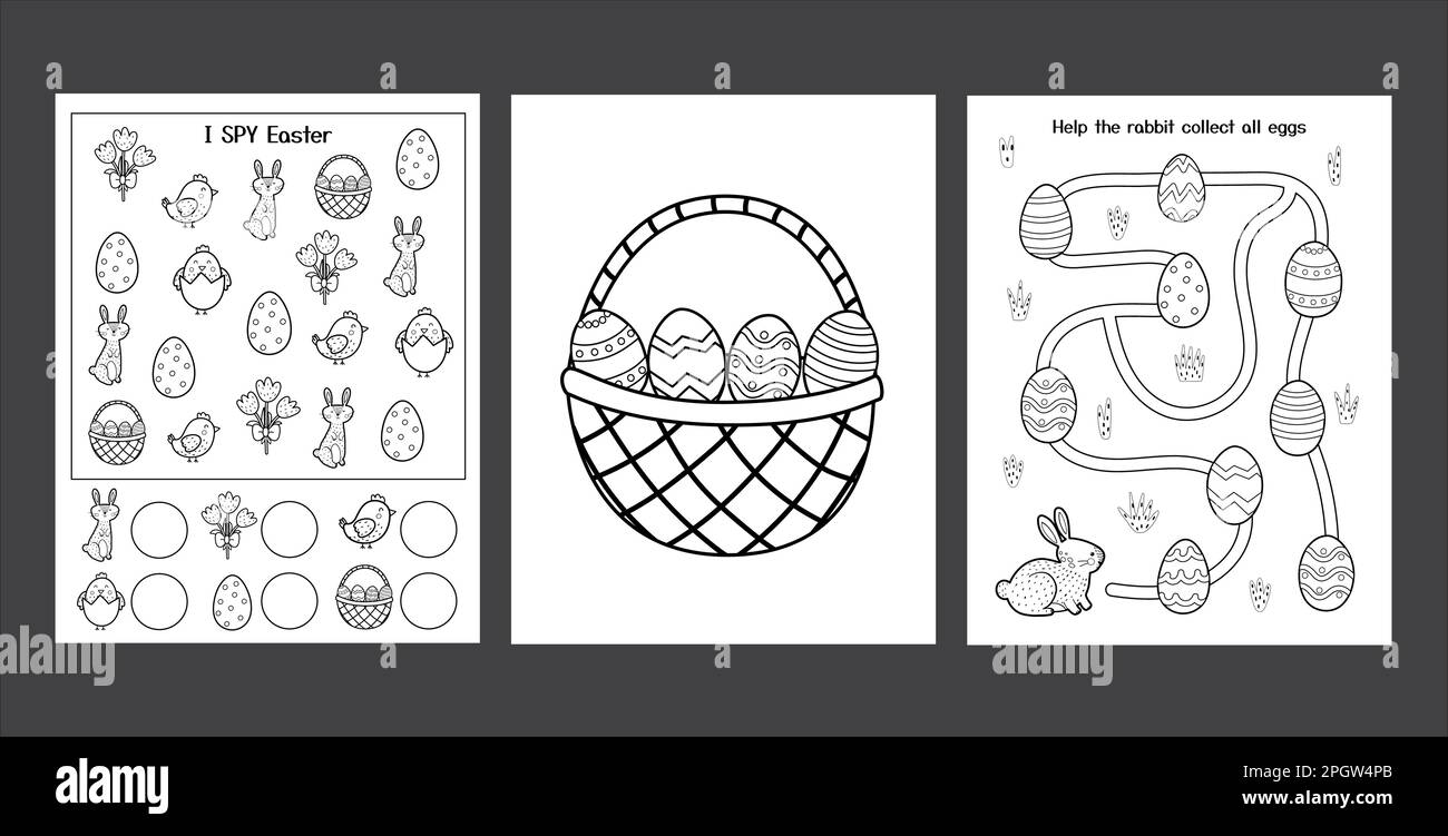 Easter Worksheets set with cute bunny. Black and white spring activity ...