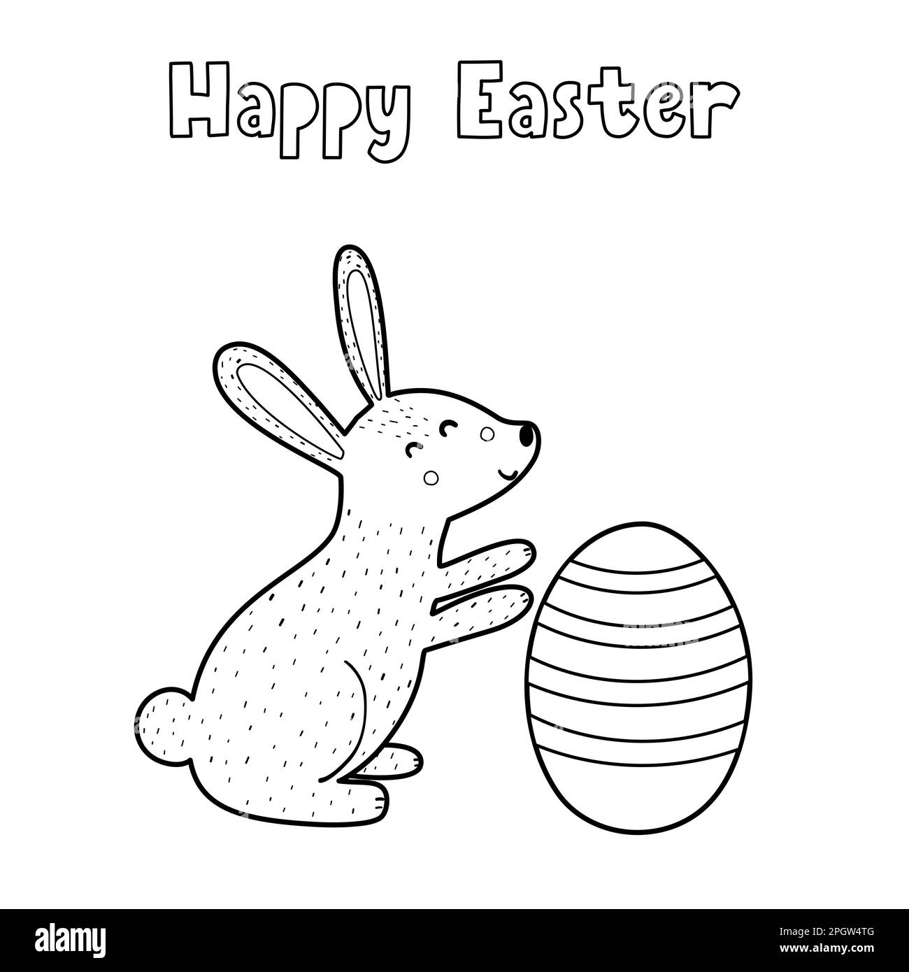 Happy Easter coloring page with cute bunny and egg. Black and white ...
