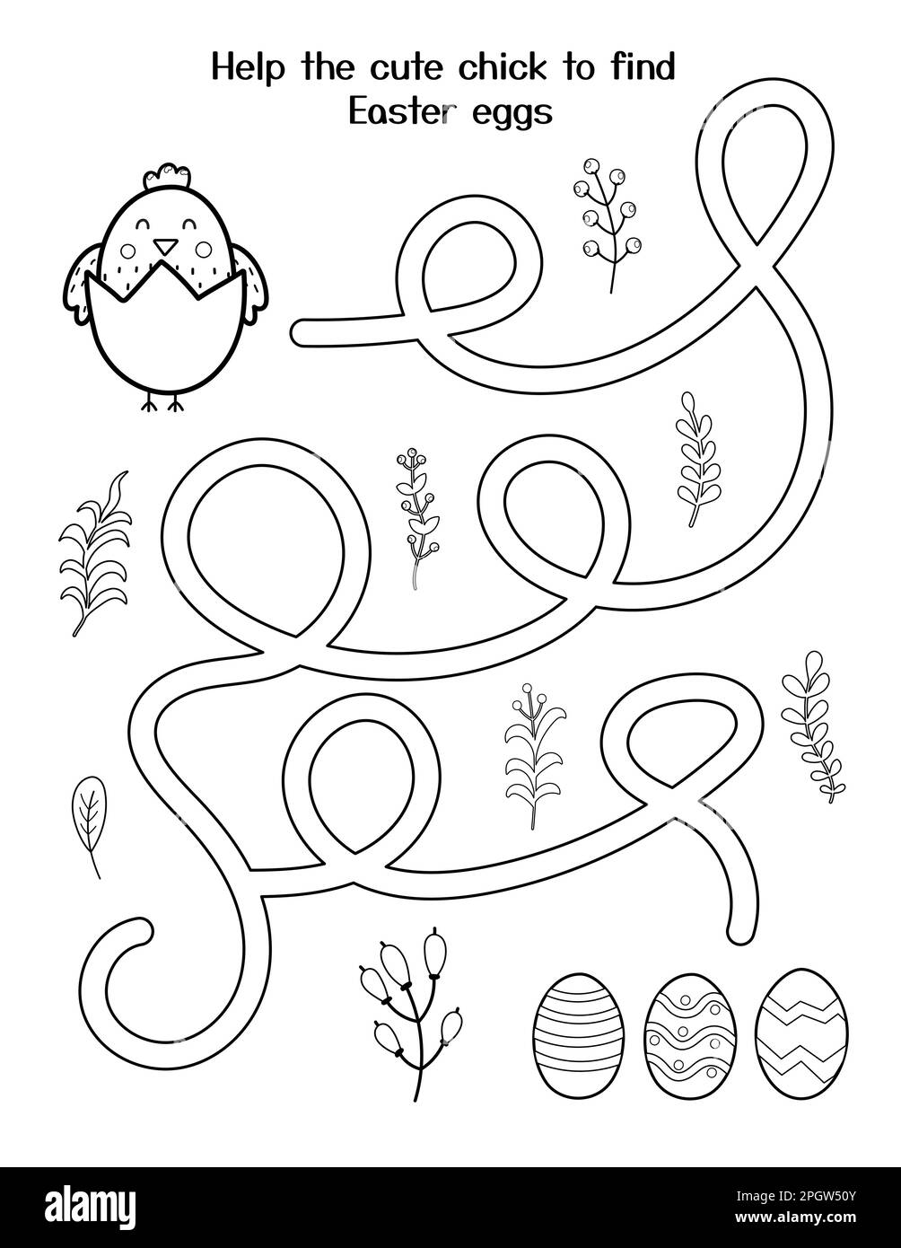 Help little chick to find eggs. Easter maze game for kids. Black and ...