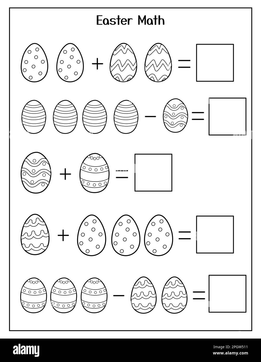Easter math black and white worksheet for kids. Eggs addition printable ...