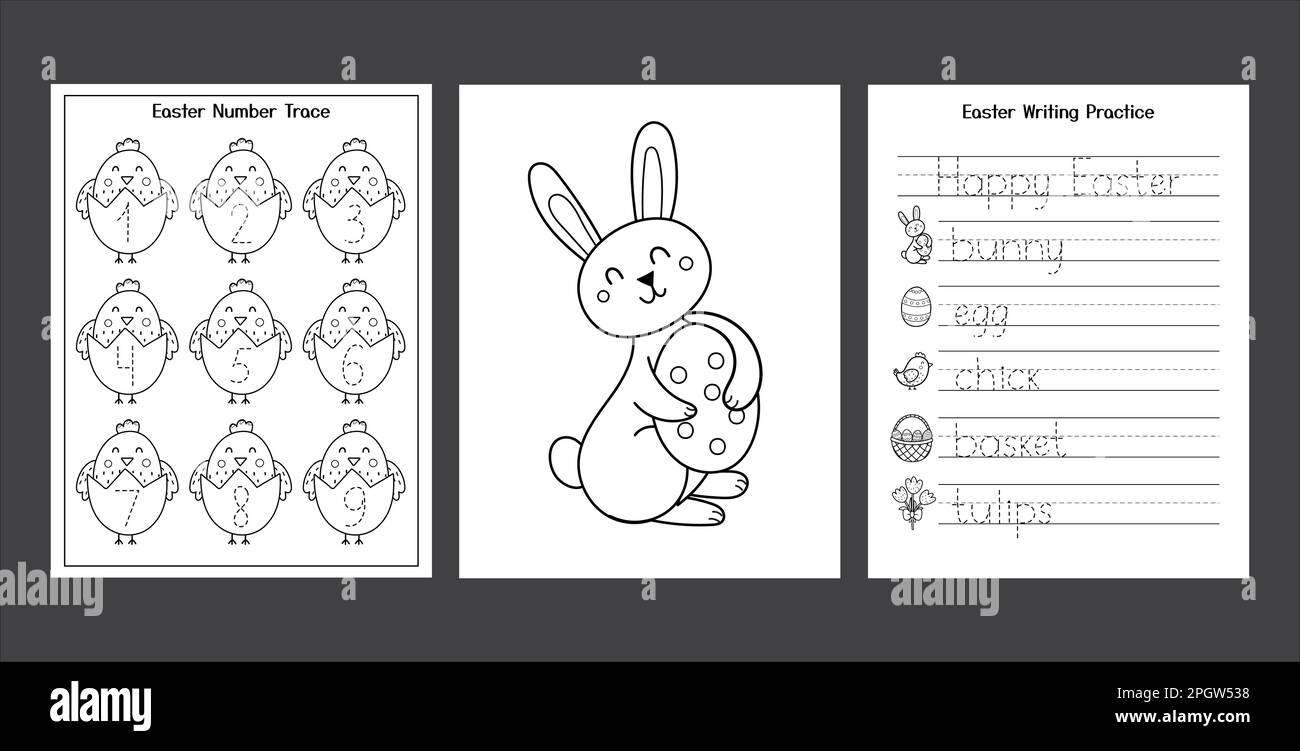 Easter Worksheets set with cute bunny and chick. Black and white spring ...