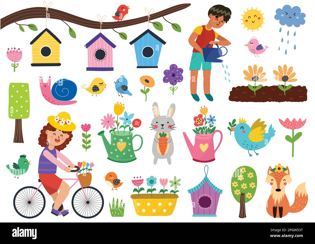 Spring set with cute rabbit, fox, birds, snail and kids. Hand drawn ...