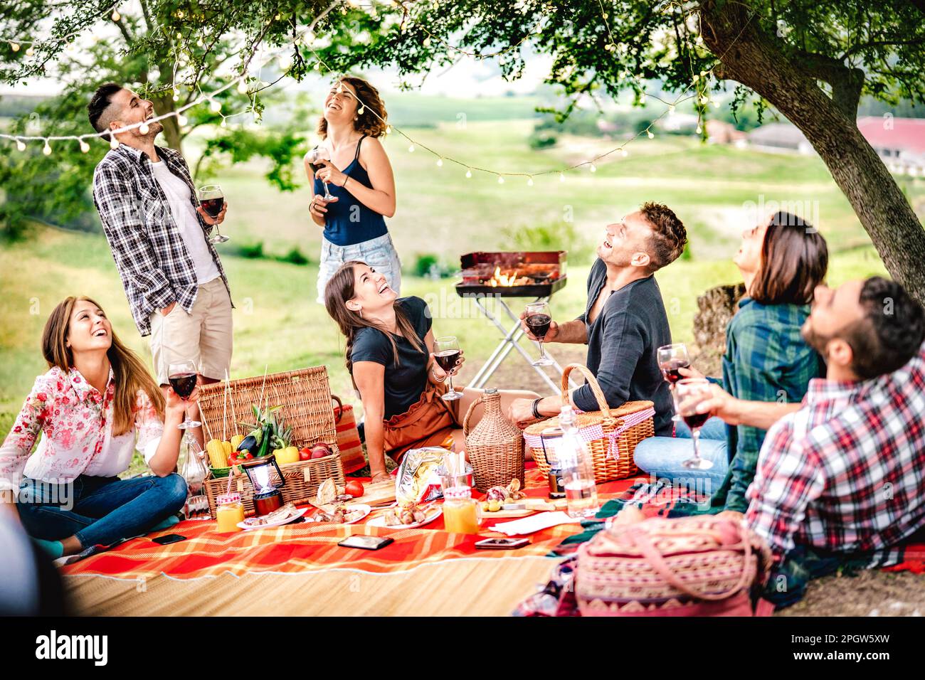 Fancy people laughing at vineyard place after sunset - Food and ...