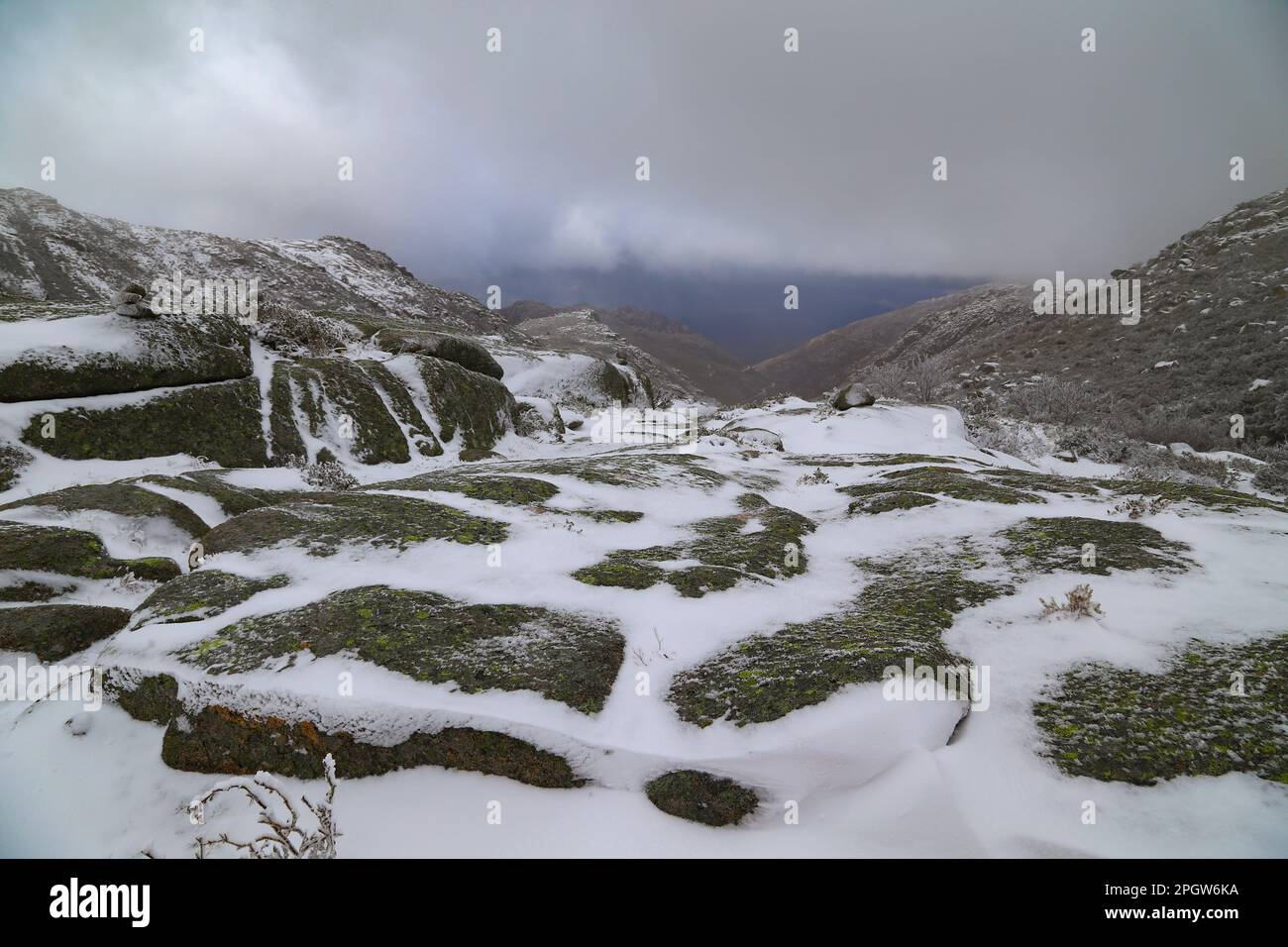 Winter landscape with snow in mountains of Serra do Geres natural park ...