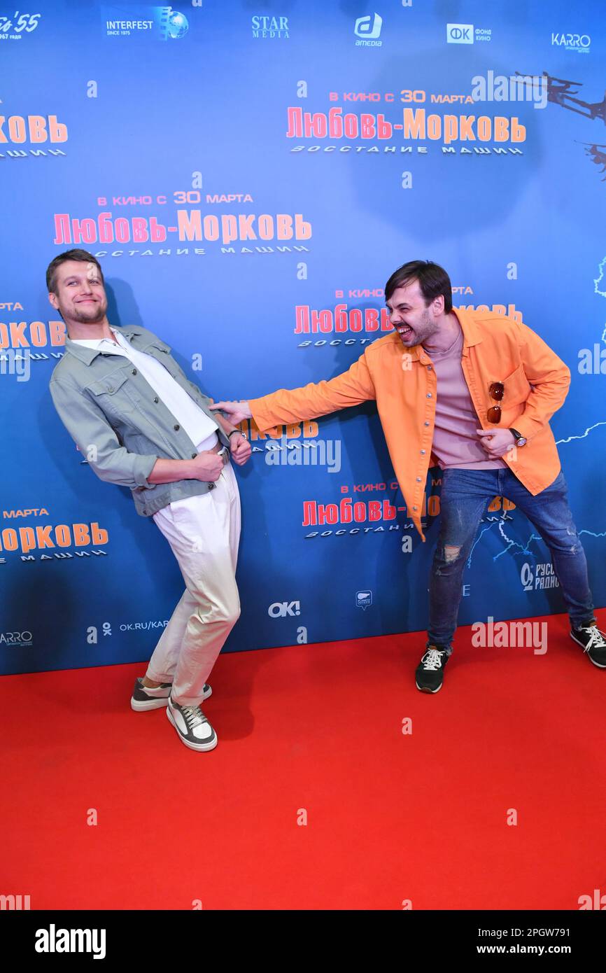 Moscow. Actor Anatoly Rudenko and Denis Buzin (left to right) at the ...