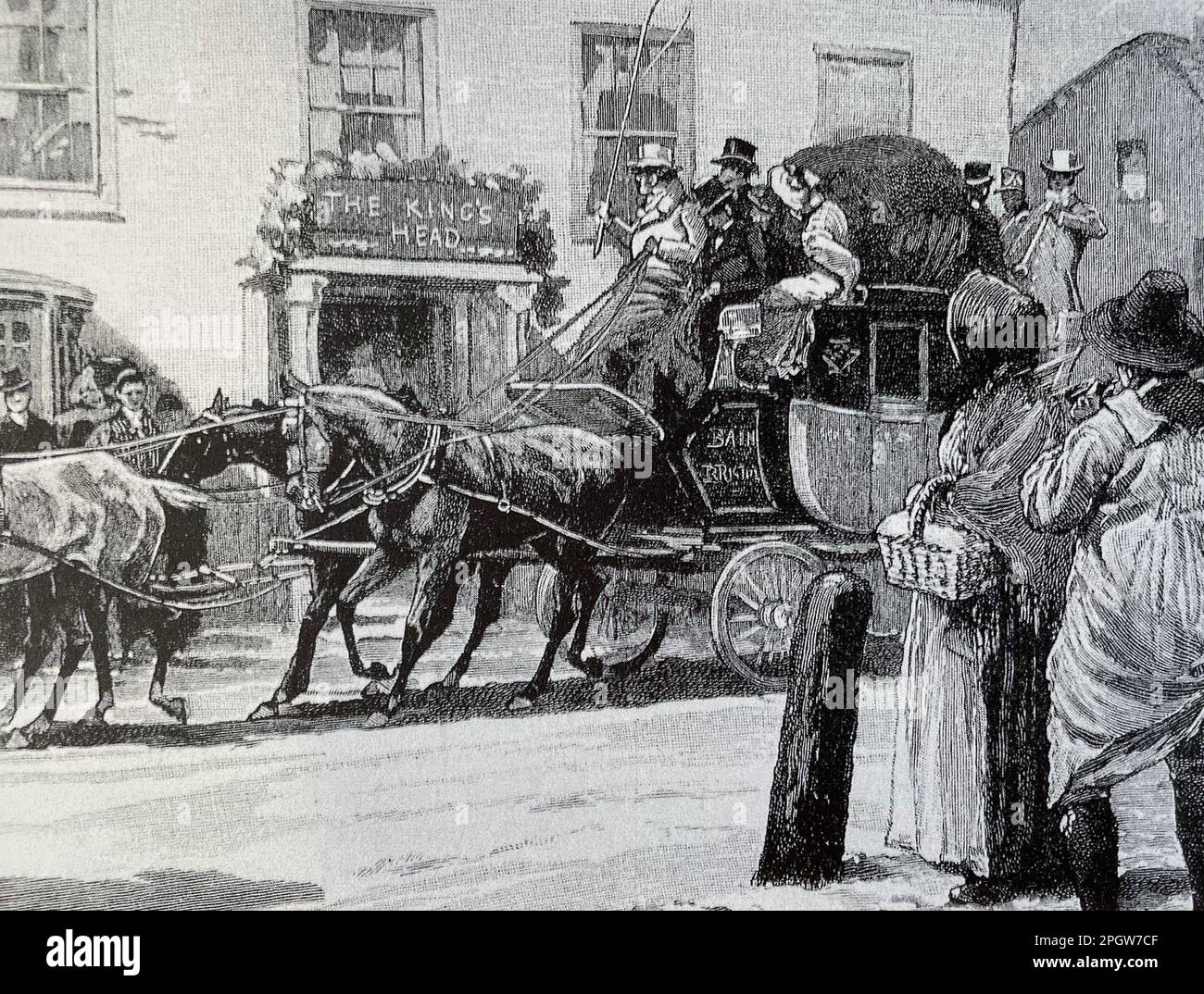 ARRIVAL OF THE BATH TO BRISTOL STAGECOACH about 1820 Stock Photo - Alamy