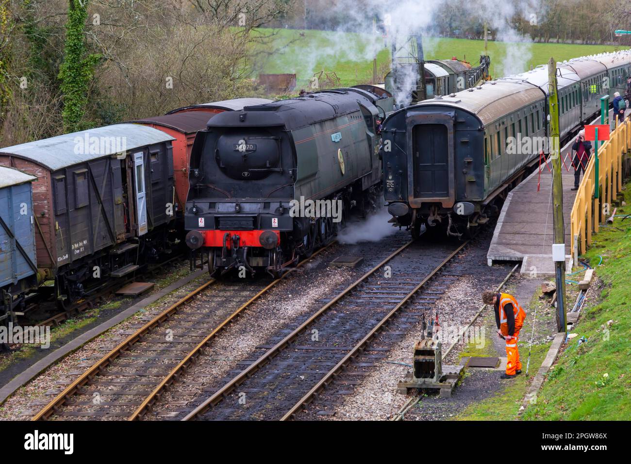 Corfe Castle Dorset, UK. 24th March 2023. Steam locomotive Manston ...