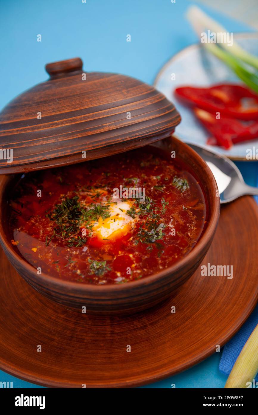 Ukrainian red borsch with sour cream, garlic and green onions. First ...
