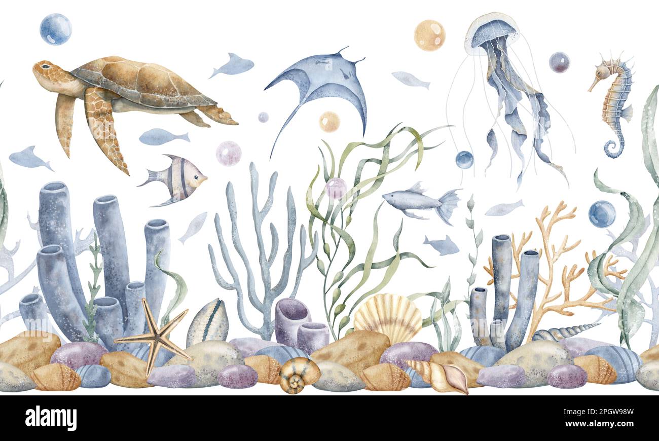 Underwater seamless banner with sea animals and fish on isolated ...