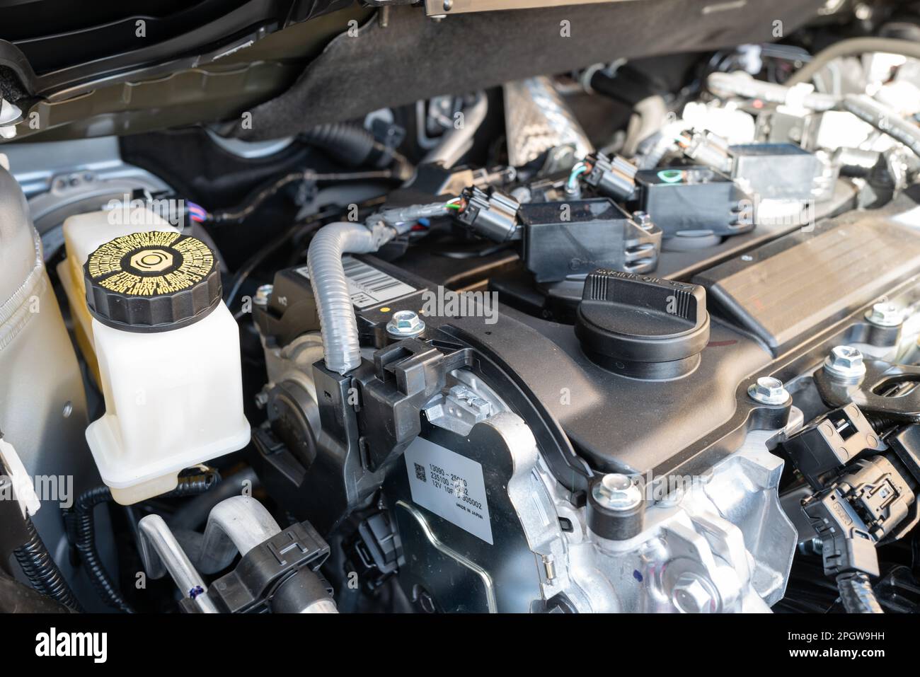 Detailed view of a newly built, Japanese-made hybrid engine showing the ...