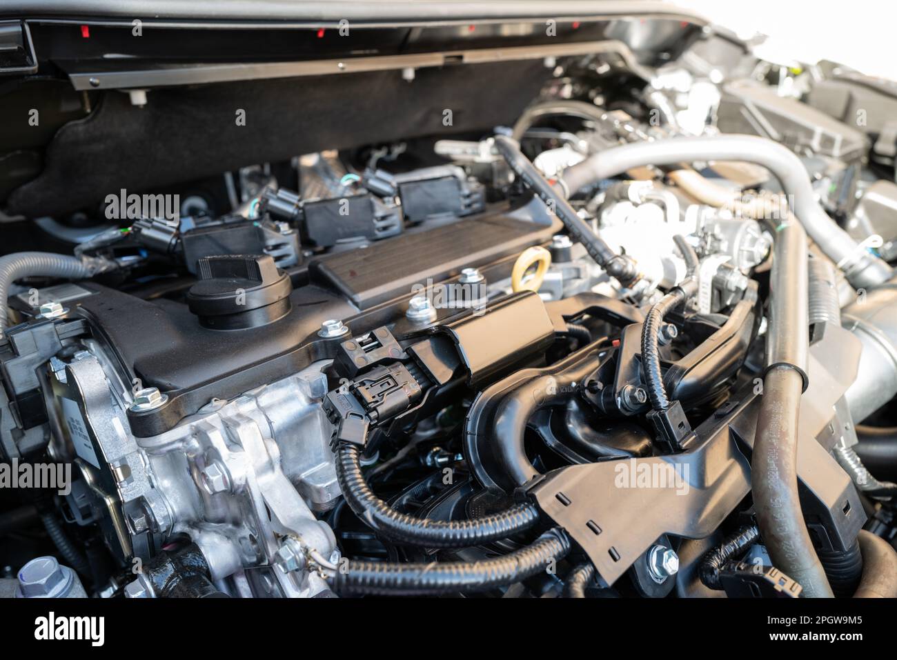 Detailed view of a newly built, Japanese-made hybrid engine showing the ...