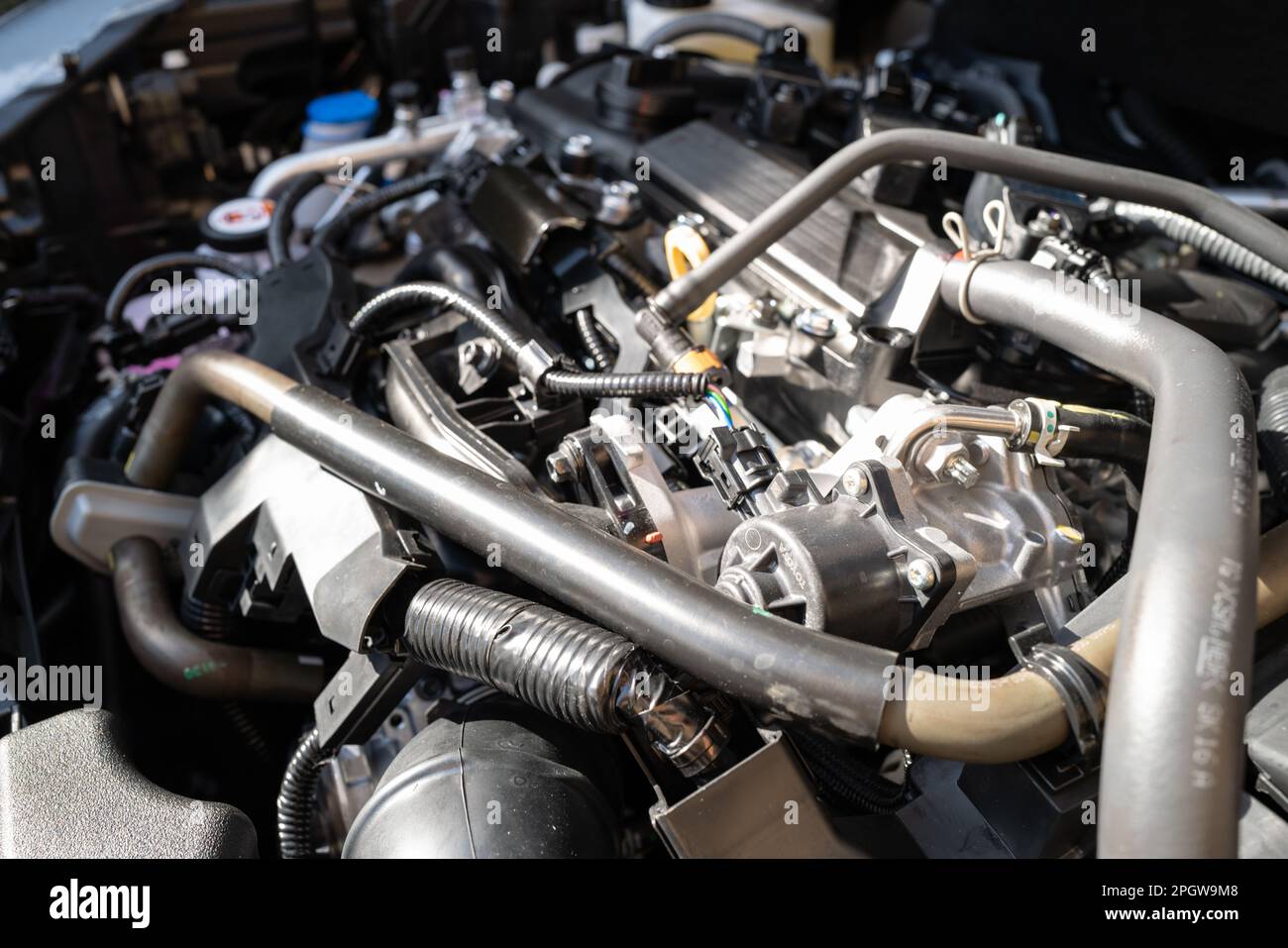 Detailed view of a newly built, Japanese-made hybrid engine showing the ...