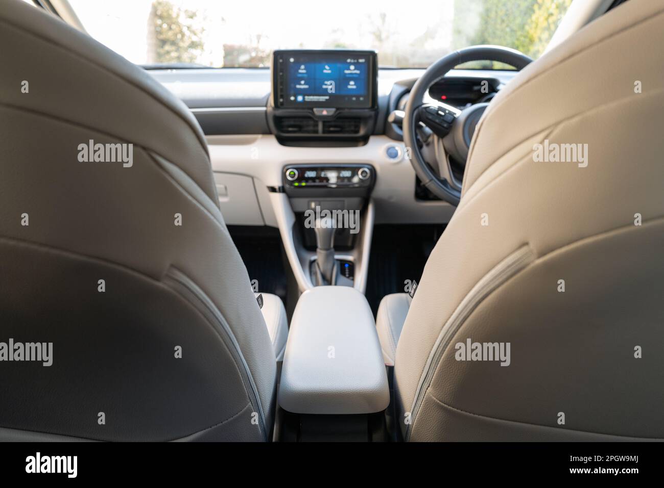 Interior of a Japanese-built, new technology hybrid small car. Seen ...