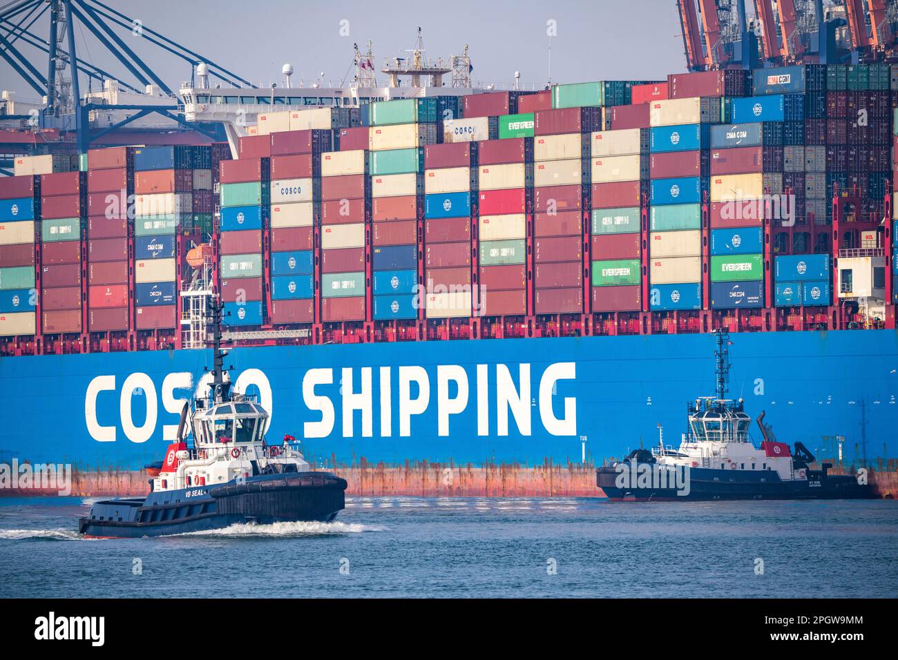 Harbour tugs push the container freighter Cosco Shipping Leo to its ...