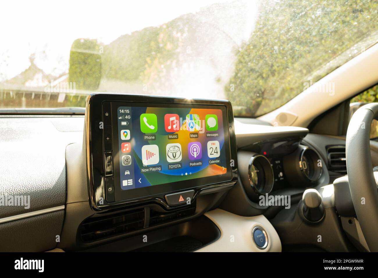 Interior view of a Japanese built new technology hybrid car. Showing ...