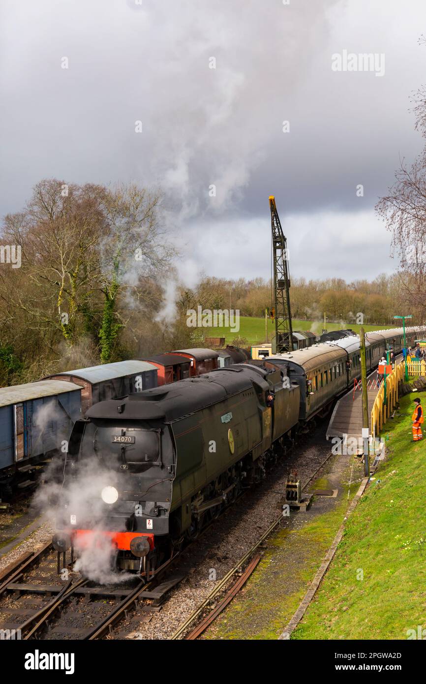 Corfe Castle Dorset, UK. 24th March 2023. Steam locomotive Manston ...