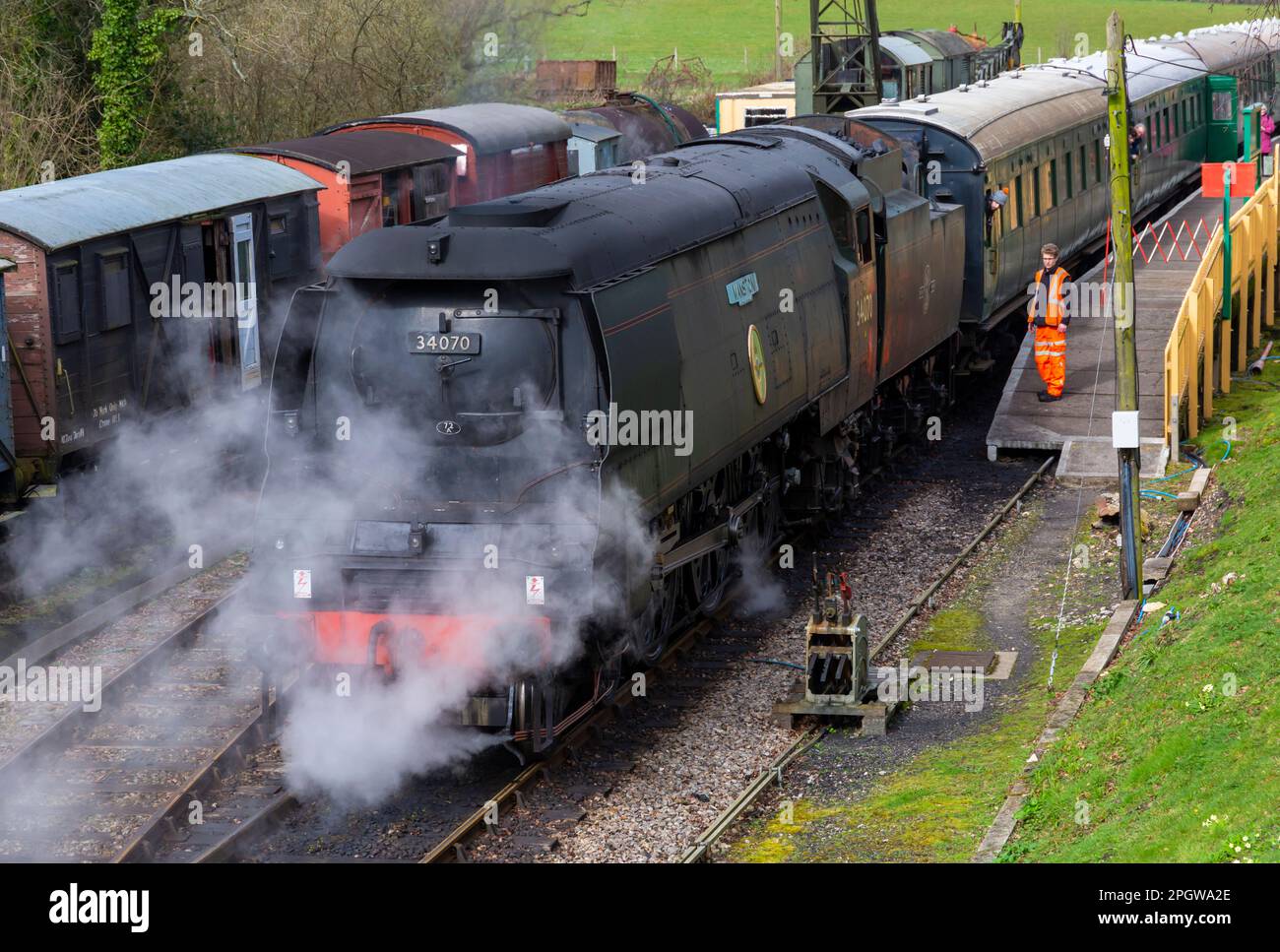 Corfe Castle Dorset, UK. 24th March 2023. Steam locomotive Manston ...