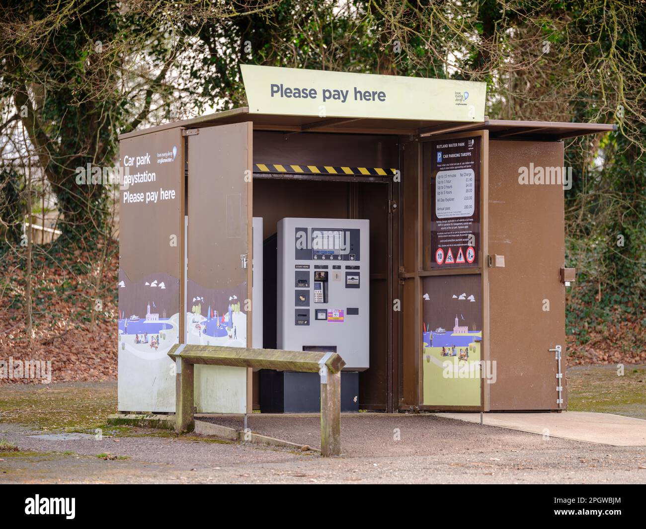 Car park paystation on Rutland Water at Normanton Church, Rutland, UK ...